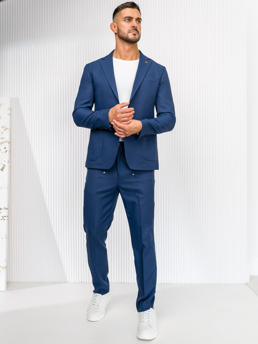 Tmavě modrý ve světlejším odstínu pánský ležerní oblek Bolf 12 - Bolf.cz